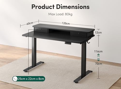 FEZIBO 48 x 24 Inch Height Adjustable Electric Standing Desk with Double Drawer, Stand Up Desk with Storage Shelf, Sit Stand Desk, Light Rustic/Black Frame
