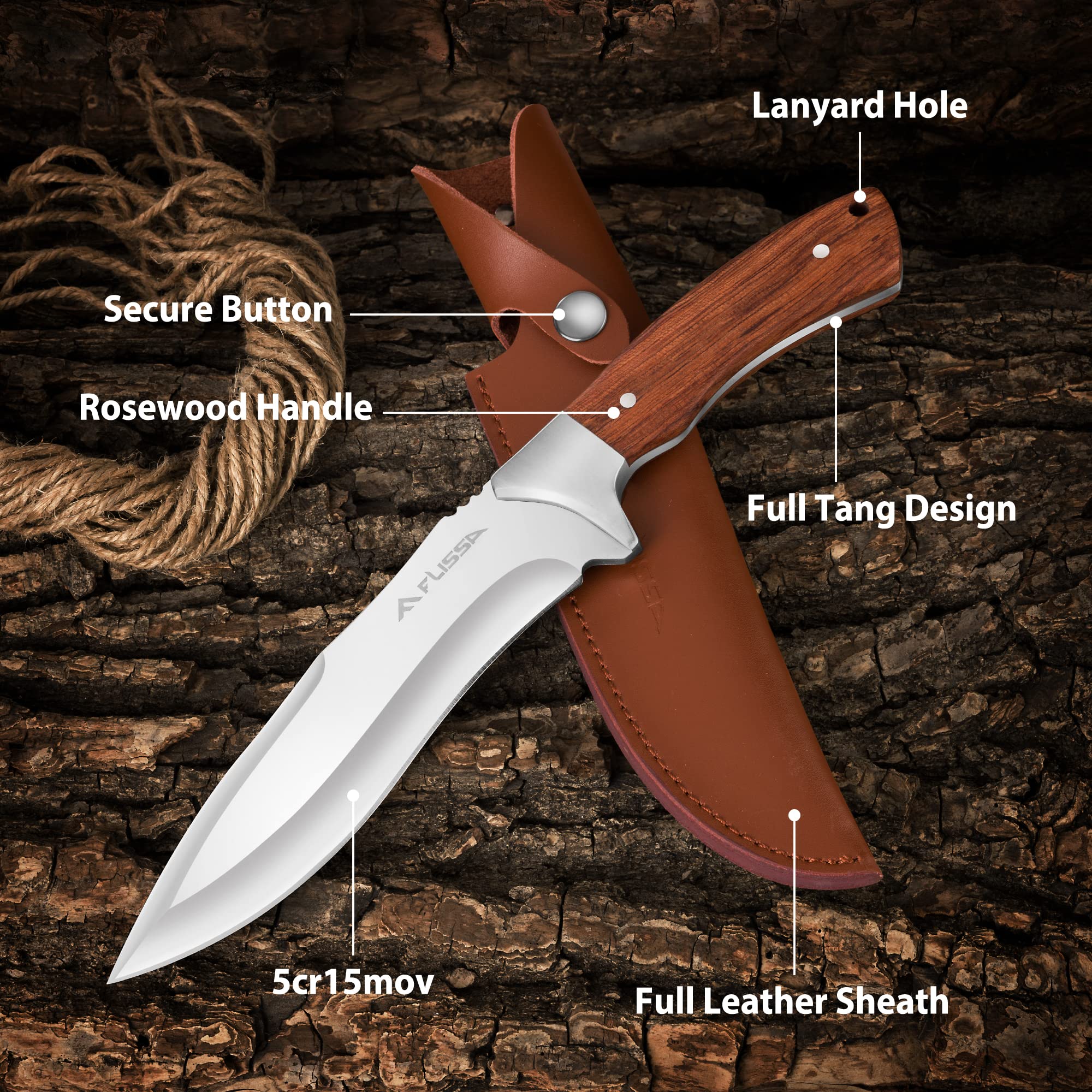 FLISSA Hunting Knife with Leather Sheath, 11-5/8 inch Fixed Blade Full-Tang Construction, Ergonomic Wood Handle Knife for Outdoor Survival, Camping, Hiking, Brushcraft, Gift for Dad Husband Men