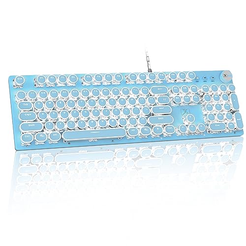 LexonElec Typewriter Style Retro Wired Mechanical Gaming Keyboard,Vintage Steampunk Keyboard with White Backlit,104-Key Blue Switch Cute Keyboard,Round Keycaps Knob Control for PC/Laptop/Mac