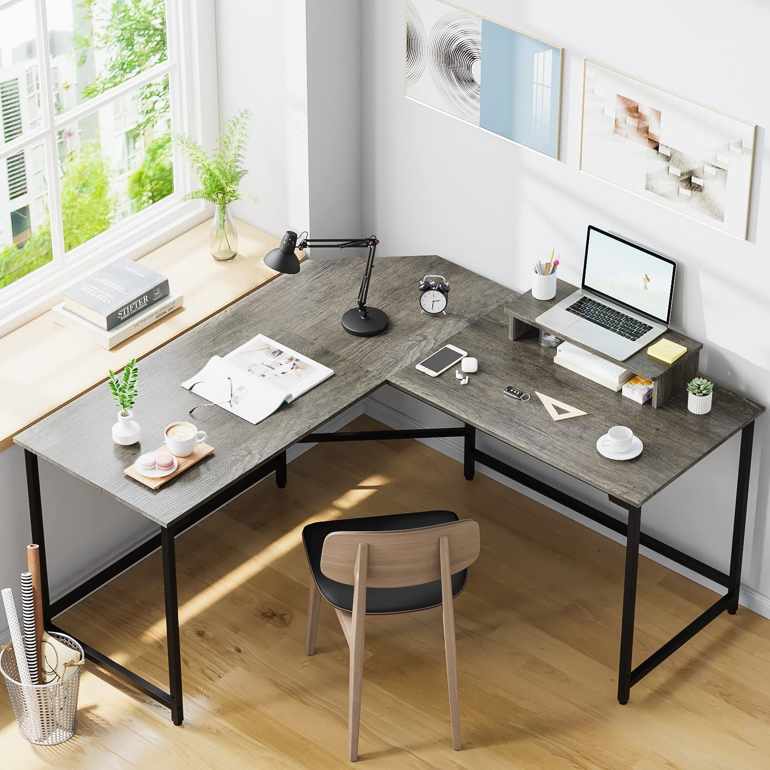 Elephance 59" Large L Shaped Desk Corner Computer Desk with Monitor Stand Gaming Table Workstation for Home Office