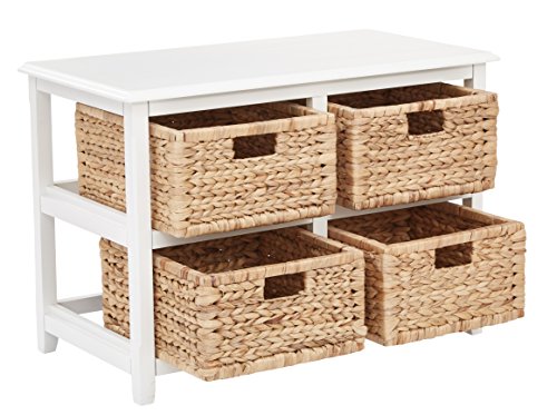OSP Home Furnishings Seabrook Storage Tower with Solid Wood Frame and Natural Baskets, 2-Tier, 4-Drawer, White Finish