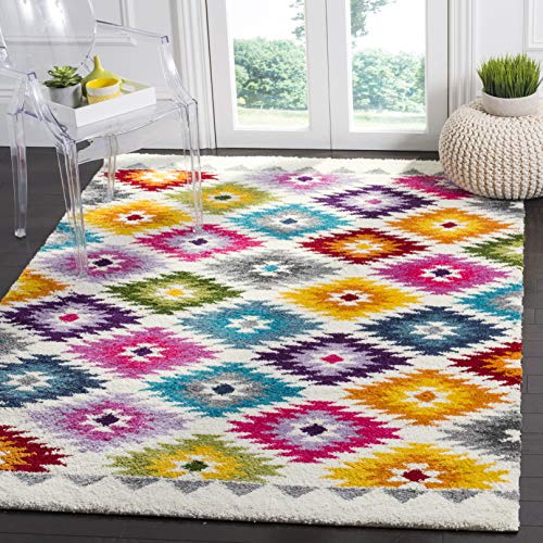 SAFAVIEH Fiesta Shag Collection 3' x 5' Cream / Multi FSG374A Modern Non-Shedding Living Room Bedroom Dining Room Entryway Kids Area Rug
