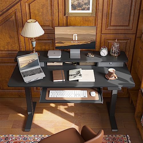 FEZIBO 55 x 24 Inch Dual Motor Height Adjustable Electric Standing Desk with Keyboard Tray, Sit Stand Table with Splice Board, Black Frame/Black and Rustic Brown Top