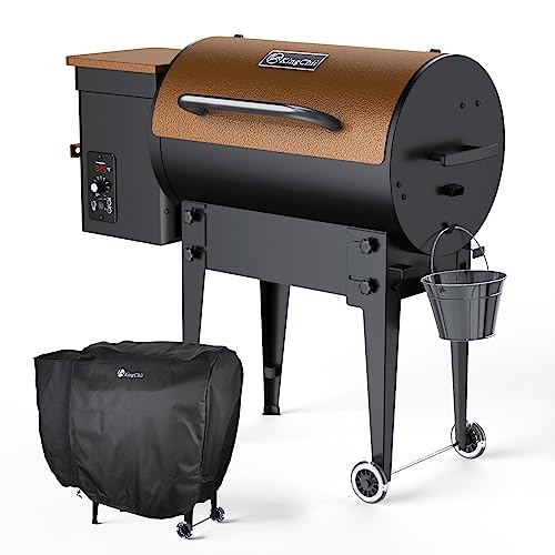 KingChii 2023 Upgrade Portable Wood Pellet Grill + Cover Multifunctional 8-in-1 BBQ Grill with Automatic Temperature Control Foldable Leg for Backyard Camping Cooking Baket,456 sq in Golden Orange