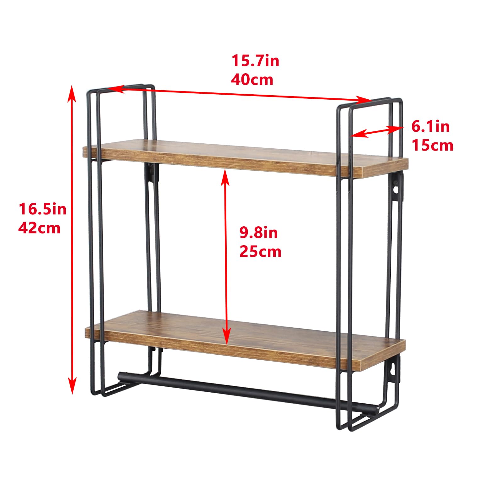 OISSIO Industrial Bathroom Shelves Wall Mounted,Rustic 2-Layer Bathroom Shelf with Towel Bar,Floating Shelves,Black