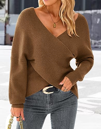 KIRUNDO 2023 Fall Winter Women's Long Sleeve Cross Wrap V Neck Knit Sweater Off Shoulder Backless Casual Pullover Tops(Camel, Small)