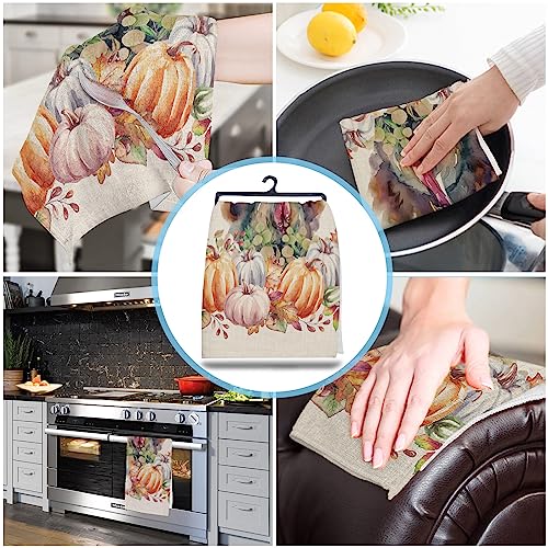 Thanksgiving Day Kitchen Towel Set of 3, Watercolor Turkey and Pumpkins Hand Towels Absorbent Microfiber Dish Cloth Autumn Harvest Washable Tea Bar Dishcloth Cleaning Cloths