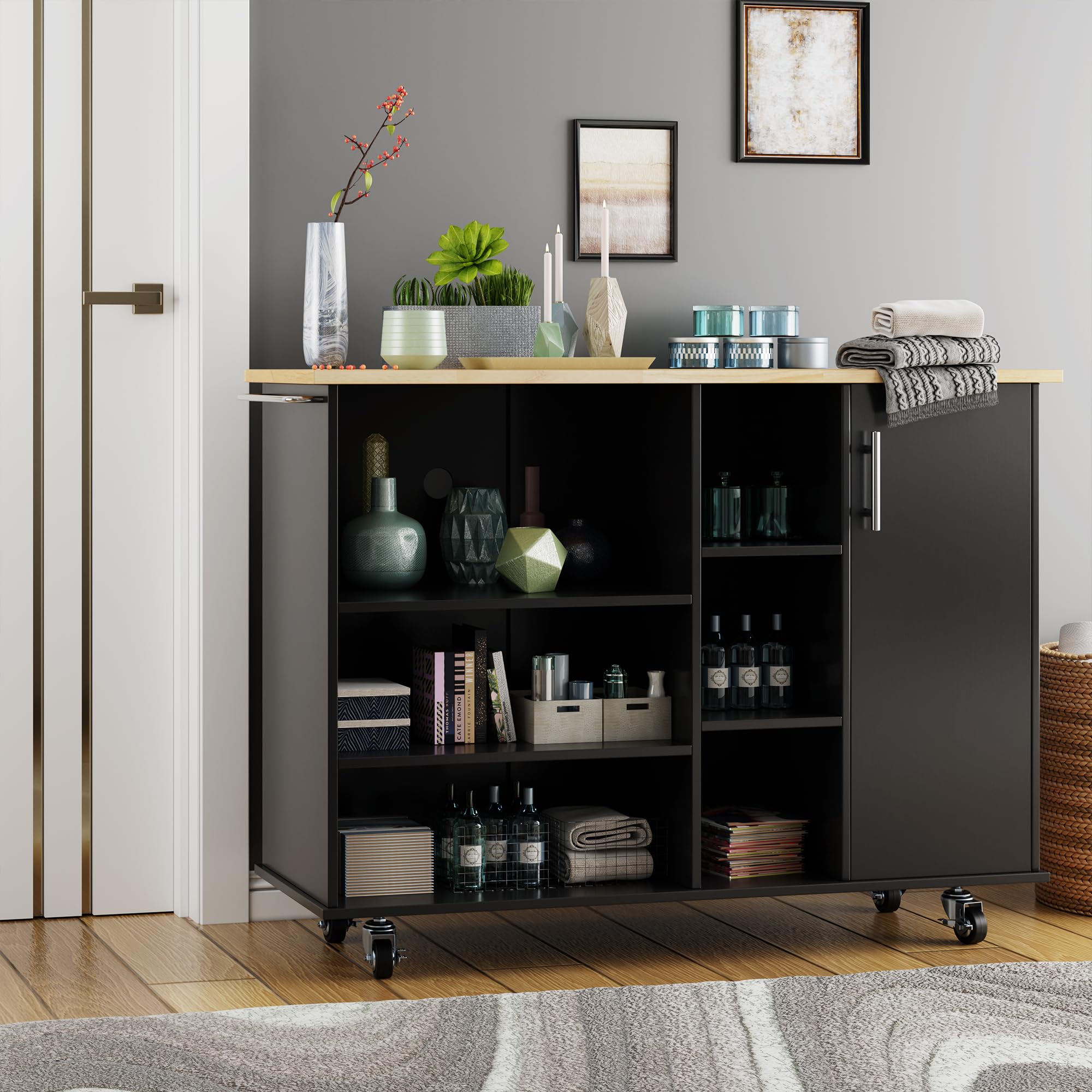 QAQA 48" Kitchen Island Cart Furniture cart on Wheels with Storage,Rolling Portable Dining Room Serving Utility Carts Mobile Movable with Drawers Cabinet,Black