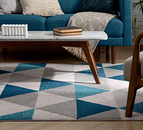 Well Woven Isometry Blue & Grey Modern Geometric Triangle Pattern Area Rug 7'10" x 9'10" Soft Shed Free Easy to Clean Stain Resistant