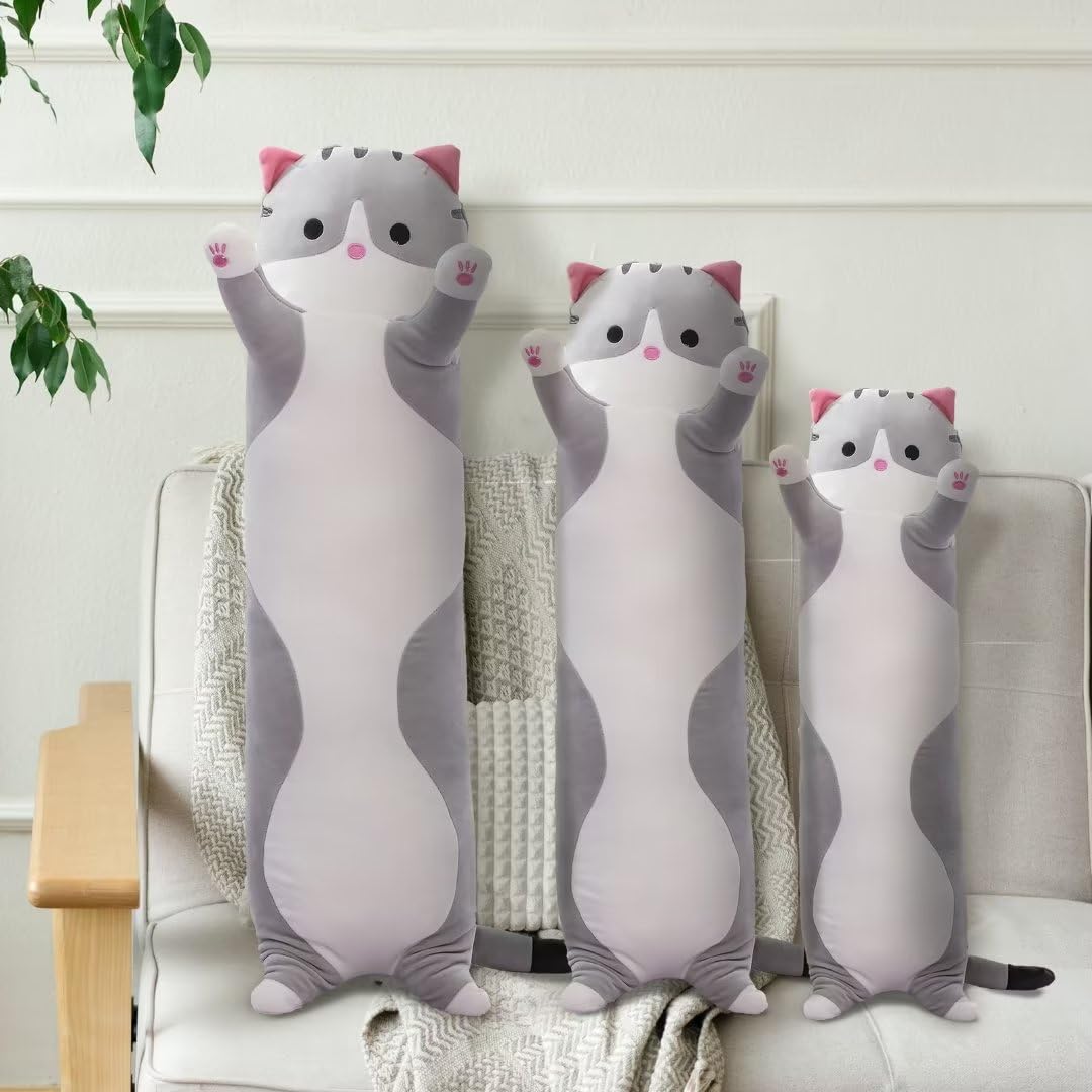 SHINUOER Long Cat Plush Pillow Cat Body Pillow,Gray Cat Stuffed Animals Soft Plushies Kawaii Stuffed Kitten Plush Toy for Kids Girlfriend(Gray, 19.7Inch)