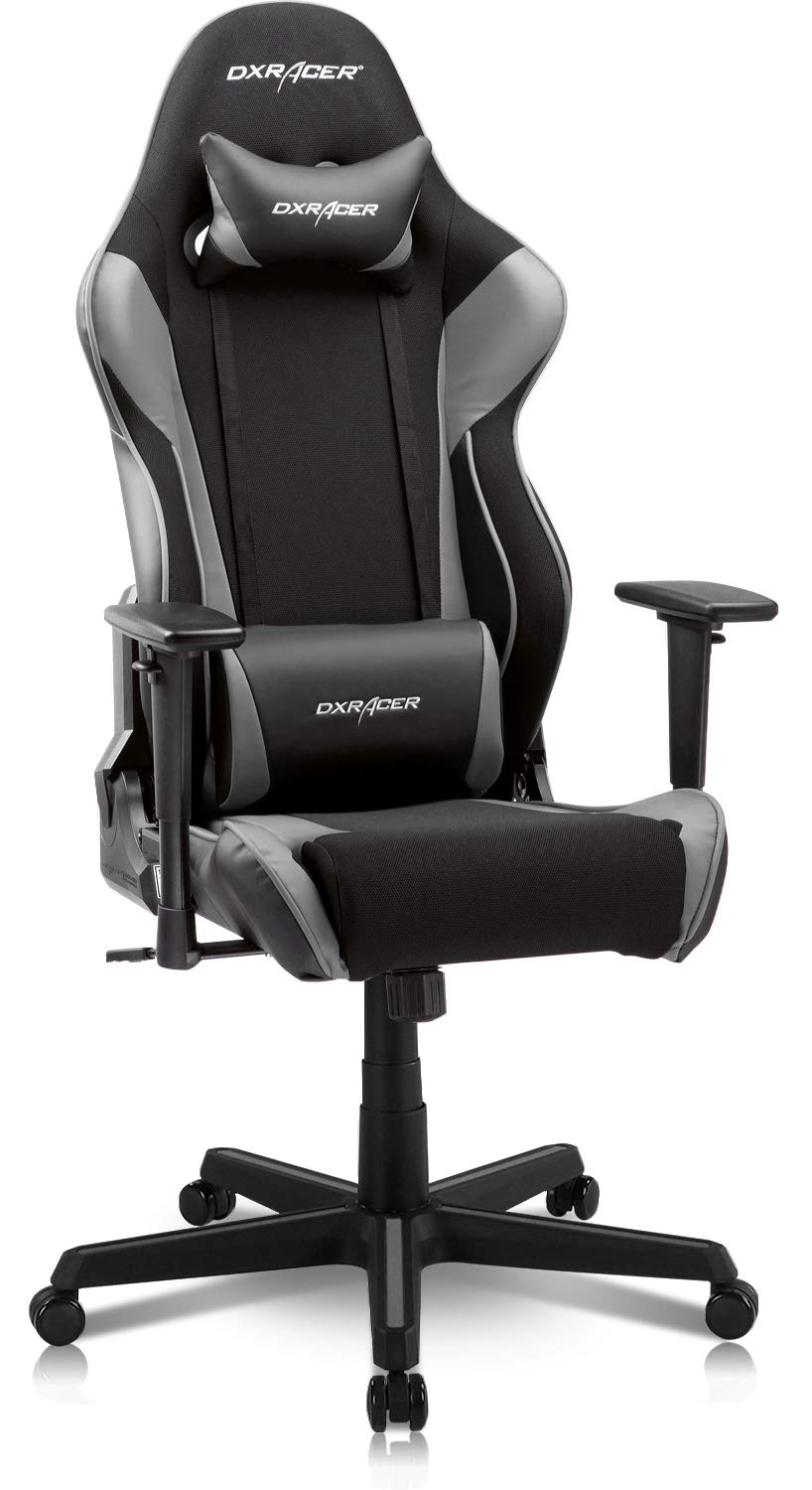 DXRacer Master Suede Racing Series Adjustable Ergonomic Computer Gaming Home Office Leather Desk Chair with Lumbar Support, Swivel Base, Wheels, and Headrest, Extra Large, Black and Grey