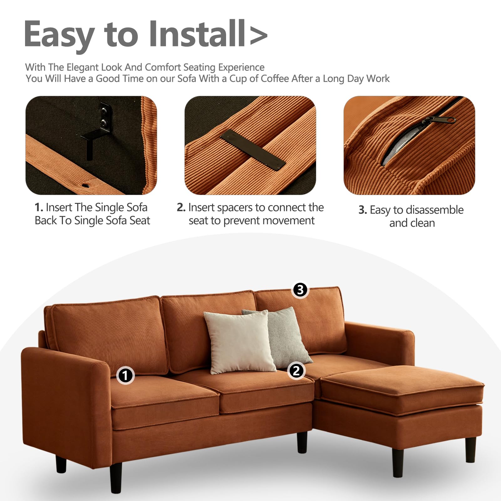 Mxfurhawa L Shaped Couch, 3 Seat Linen Futon Sofa Bed, Convertible Sleeper Sofa with Tapered Wood Legs, Mid Century Modern Couches for Bedroom Black