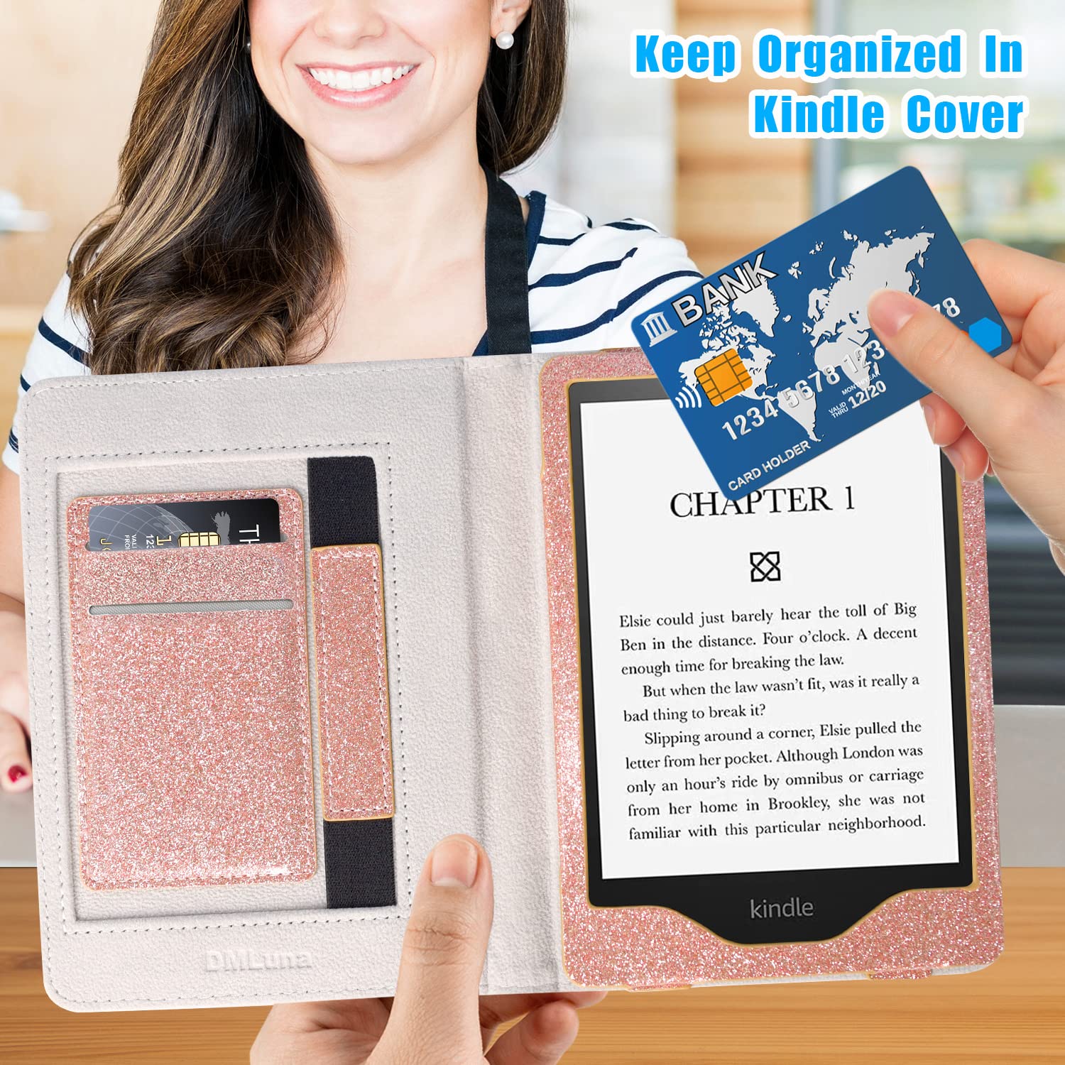 DMLuna Kindle Paperwhite Case, Fits 11th Generation 2021, 6.8”, Smart Protective Durable Premium PU Leather Cover with Auto Sleep Wake, Hand Strap, Card Slots, Magnetic Clasp, Glitter Rose