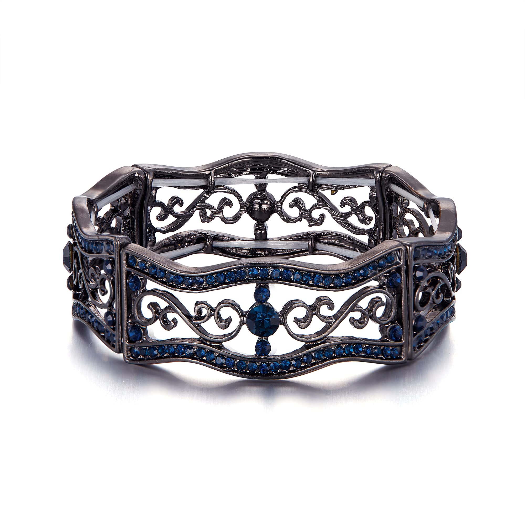 Flyonce Wedding Bracelet for Brides, Navy Blue Rhinestone Crystal Art Deco Elastic Stretch Bracelet for Women