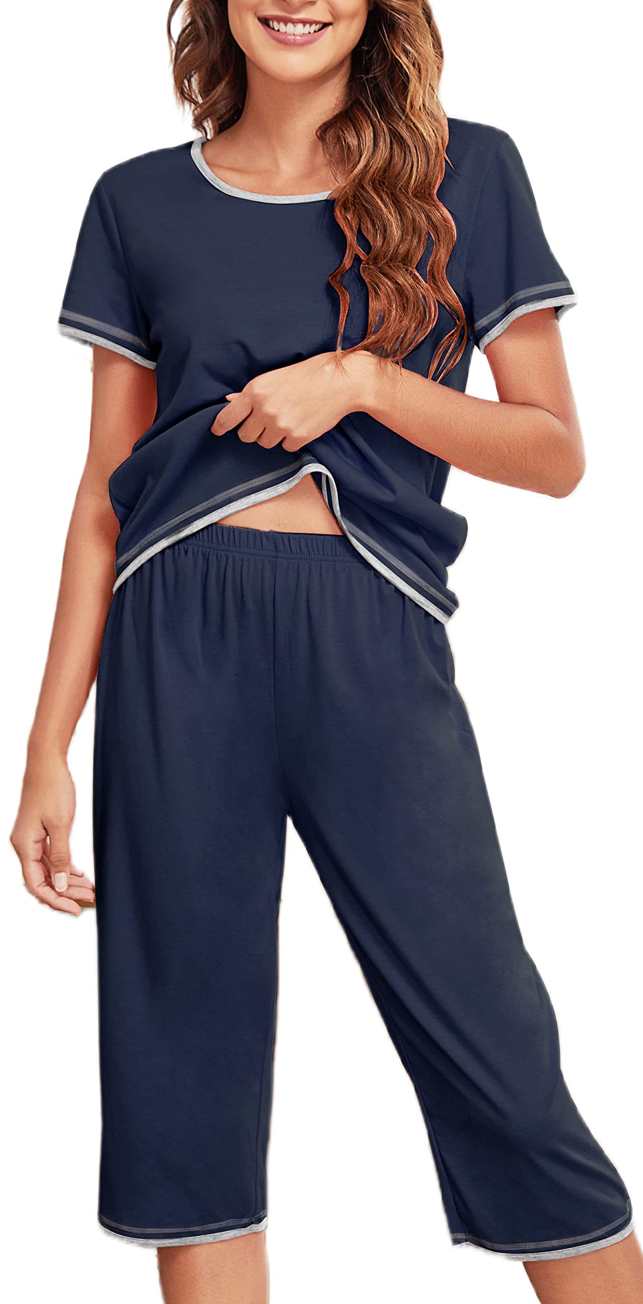 Ekouaer Women's Sleepwear Short Sleeve Tops with Capri Pants Summer Pajama Set Two-Piece Pjs Lounge Sets A-navy Blue