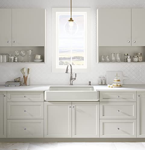 KOHLER K-6426-0 Whitehaven Farmhouse Smart Divide Self-Trimming Undermount Apron Front Double-Bowl Kitchen Sink with Short Apron, 35-1/2-Inch X 21-9/16-Inch X 9-5/8-Inch, White