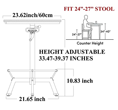 LOKKHAN 3-Piece Crank Handle Bar Table (33.5"-39.4") & 2 Stools (20"-27") Set for Pub Kitchen Dining Living Party Bistro Breakfast, Industrial Adjustable Swivel Pine Top,Most Weld, Space-Saving
