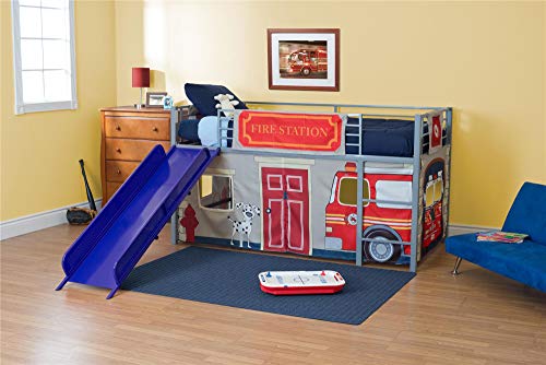 DHP Junior Silver Metal Loft Bed with Blue Slide and Fire Department Curtain Set, Kids Furniture, Twin Size