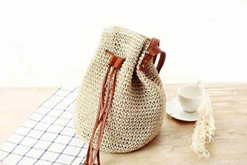 Donalworld Women Bucket Bag Drawstring Hobo Crochet Straw Shoulder Bag L Beige