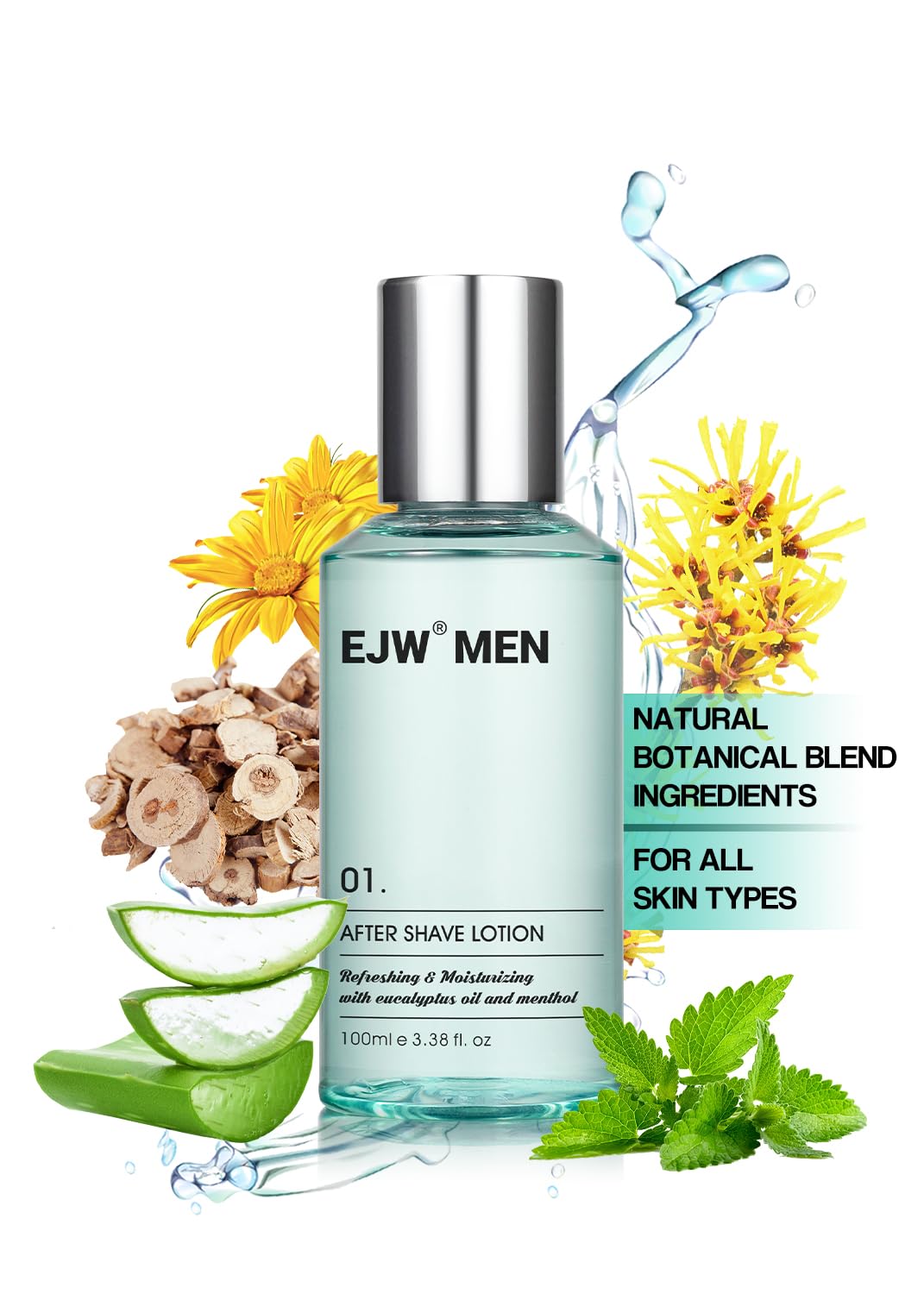 EJW After Shave Lotion for Men - Cooling & Soothing Formula with Witch haze, Aloe Vera and Field Mint Leaf, 3.38 fl oz