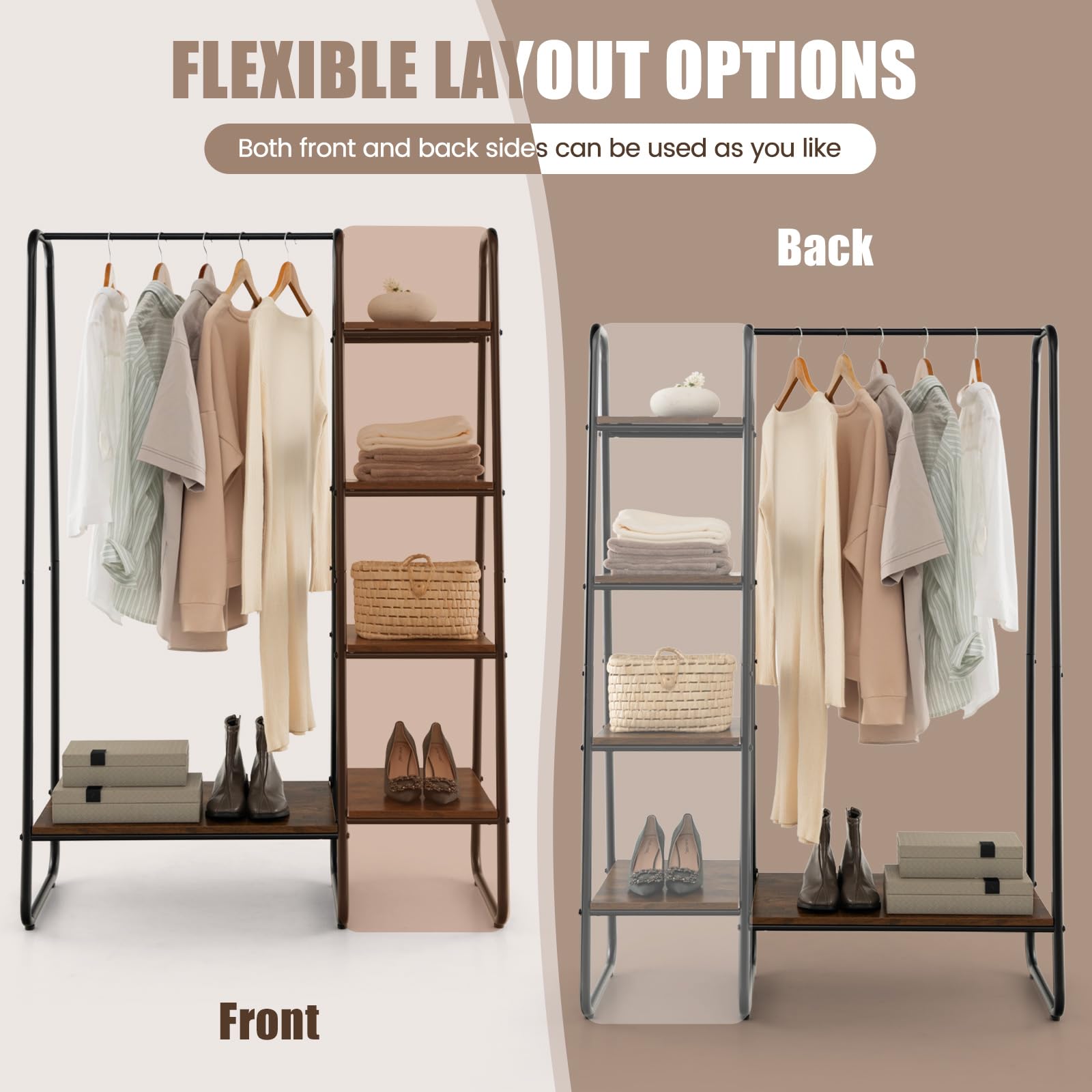 Tangkula Garment Rack with Shelves, Clothes Rack with 5 Shelves & Hanging Bar, Open Wardrobe for Hanging Clothes and Storage, Free Standing Closet Organizer, Clothing Rack for Bedroom Entryway
