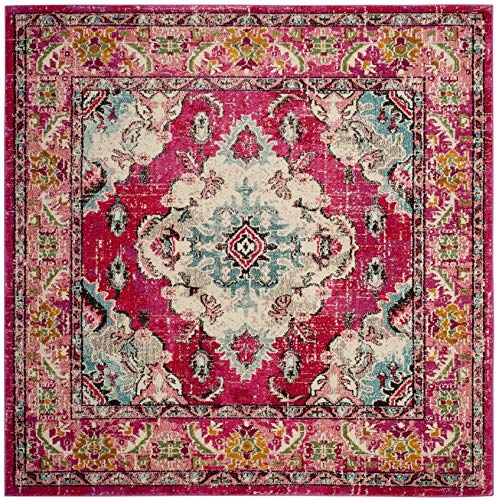 SAFAVIEH Monaco Collection Area Rug - 6'7" Square, Pink & Multi, Boho Chic Medallion Distressed Design, Non-Shedding & Easy Care, Ideal for High Traffic Areas in Living Room, Bedroom (MNC243D)