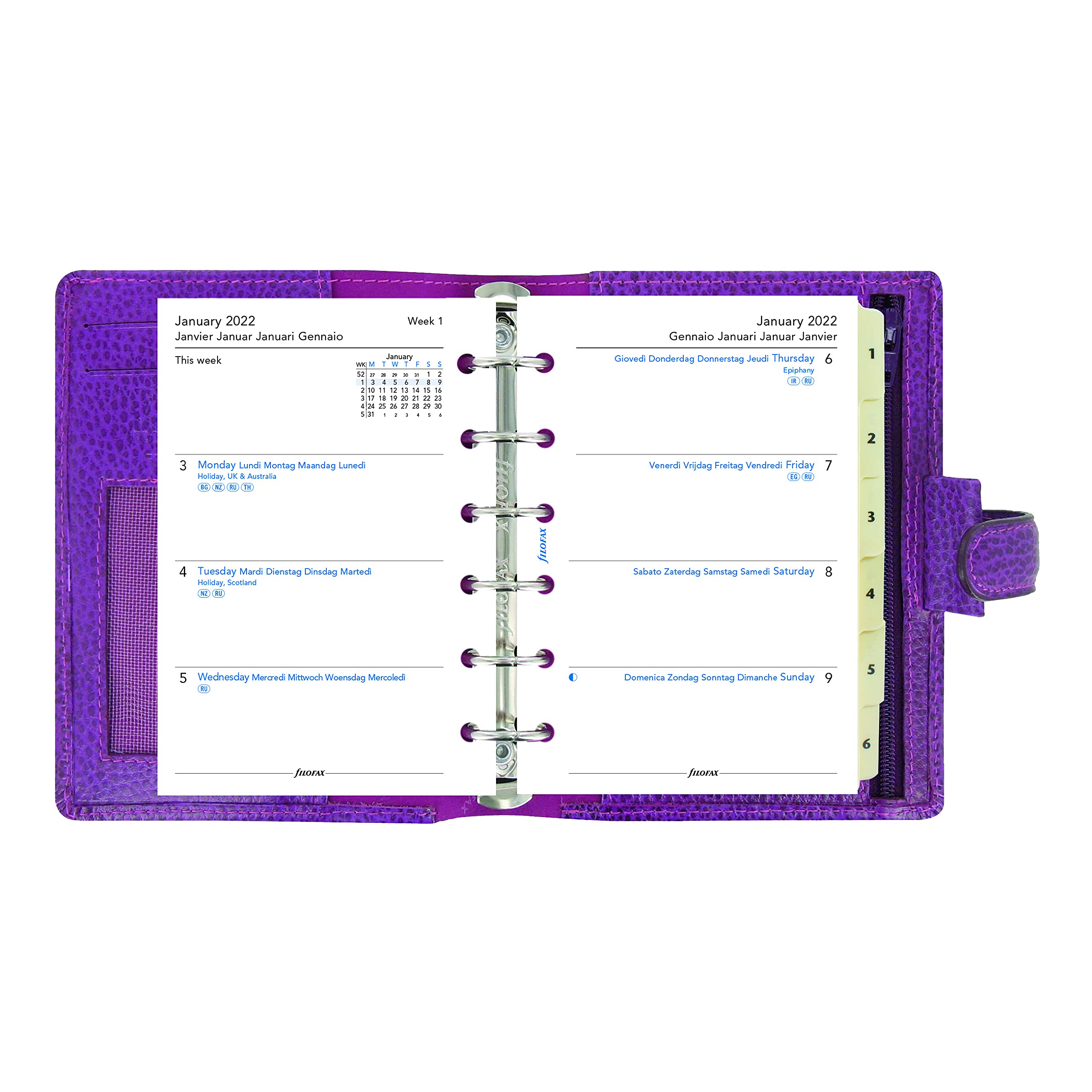 Filofax Finsbury Organizer, Pocket Size, Raspberry - Traditional Grained Leather, Six Rings, Week-to-View Calendar Diary, Multilingual, 2022 (C025342-22)