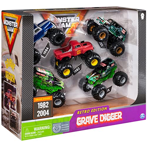 Monster Jam Grave Digger Monster Truck 5pc Value Pack: 1:64 Scale Retro Die-Cast Gift Set with Iconic Models (1982-2005) Chrome Rims and BKT Tires - Authentic Collectible for Fans & Birthday Parties