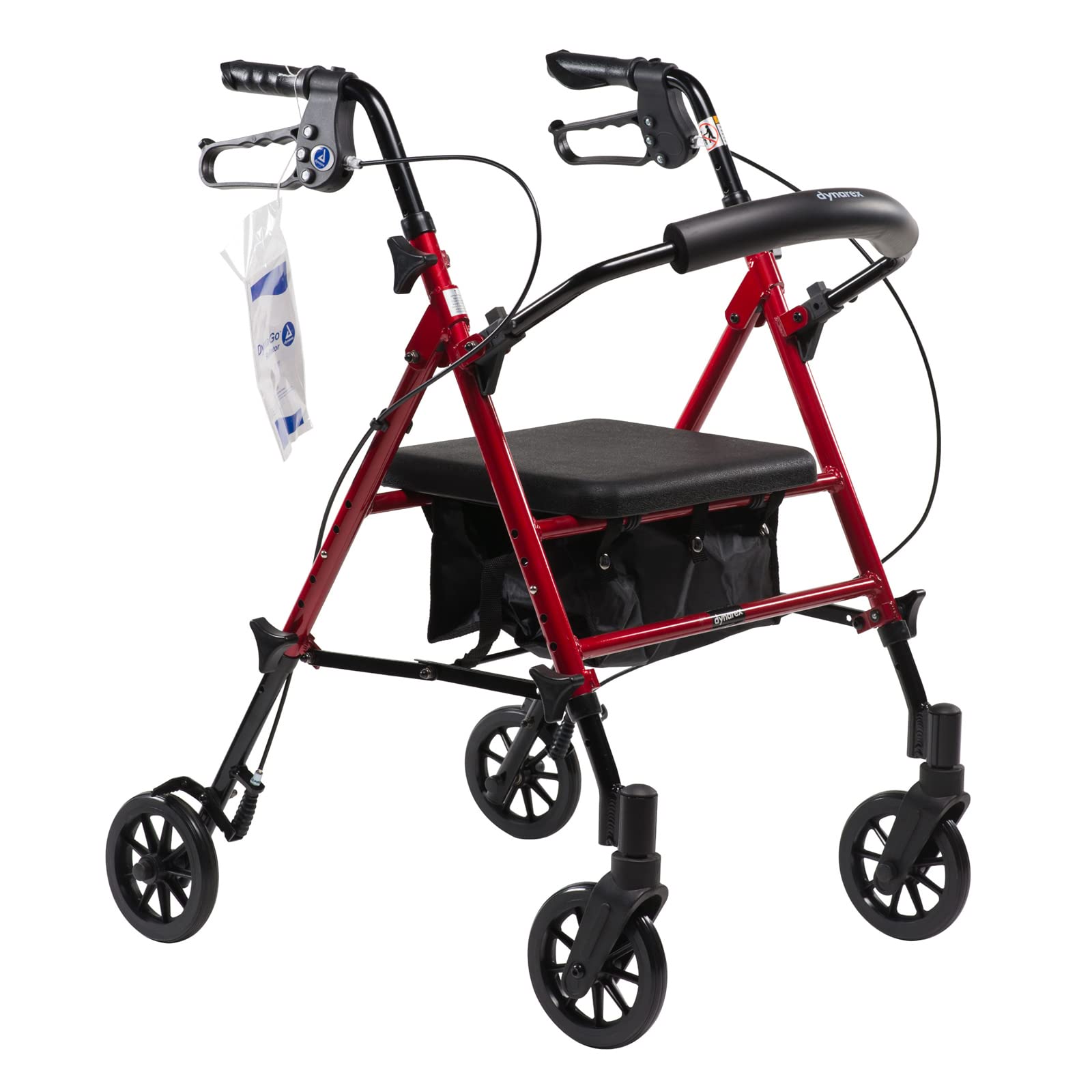 Dynarex DynaGo Flex Rollator - Foldable, Portable, Stand-Up Rolling Walker - 6â Wheels, Adjustable Seat Height & 300 lb. Weight Capacity, Red Frame, 1 Rollator