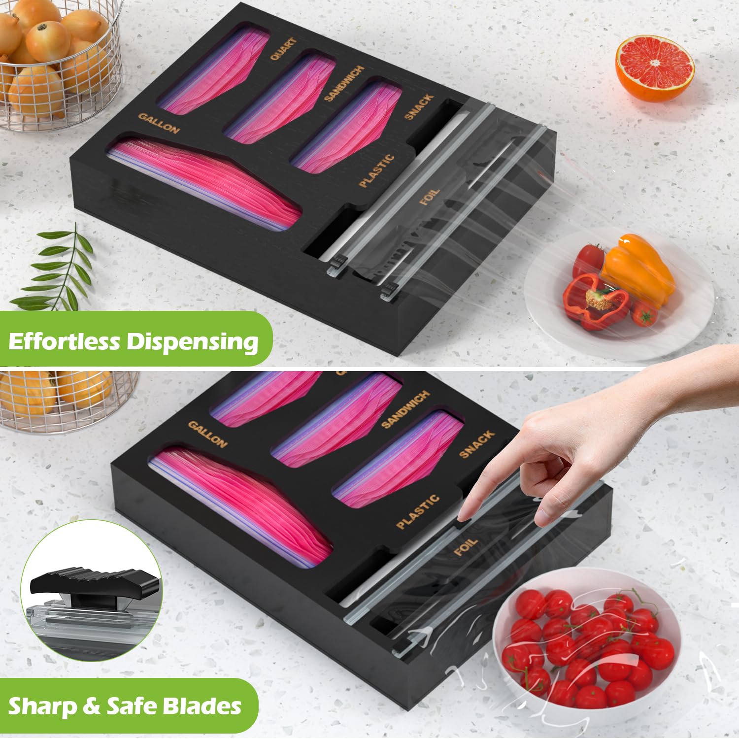 LUYABA 6 in 1 Bag Organizer and Wrap Dispenser with Magnetic Lid - Plastic Wrap Dispenser with Cutter for Kitchen Drawer, Storage for Gallon, Quart, Sandwich, Snack Bags, and Foil Black