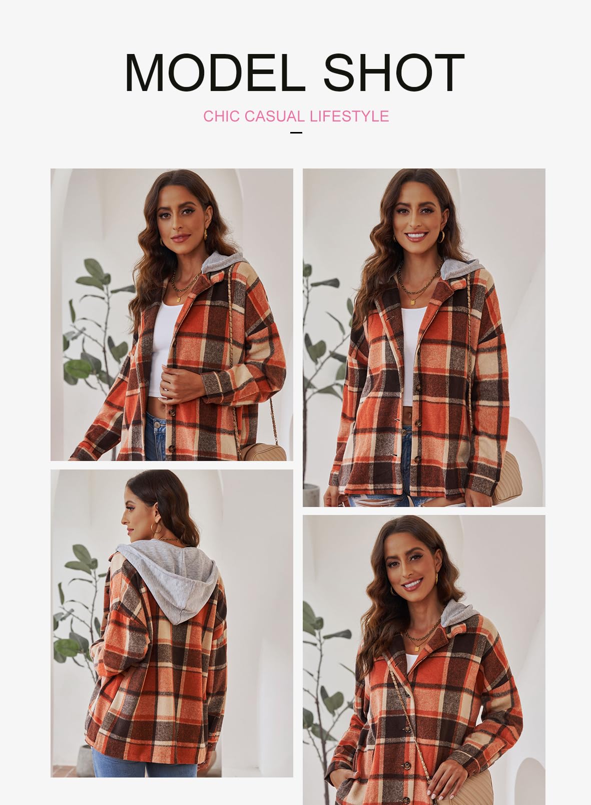 EVALESS Womens Fall Hooded Flannel Shacket Jacket 2023 Trendy Casual Long Sleeve Plaid Corduroy Button Down Shirts Coats Outfits,Orange M