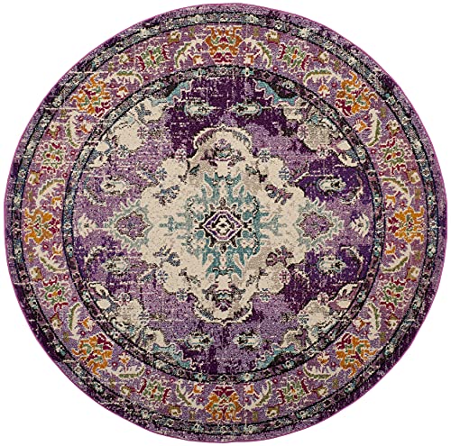 SAFAVIEH Monaco Collection Area Rug - 6'7" Round, Violet & Light Blue, Boho Chic Medallion Distressed Design, Non-Shedding & Easy Care, Ideal for High Traffic Areas in Living Room, Bedroom (MNC243L)