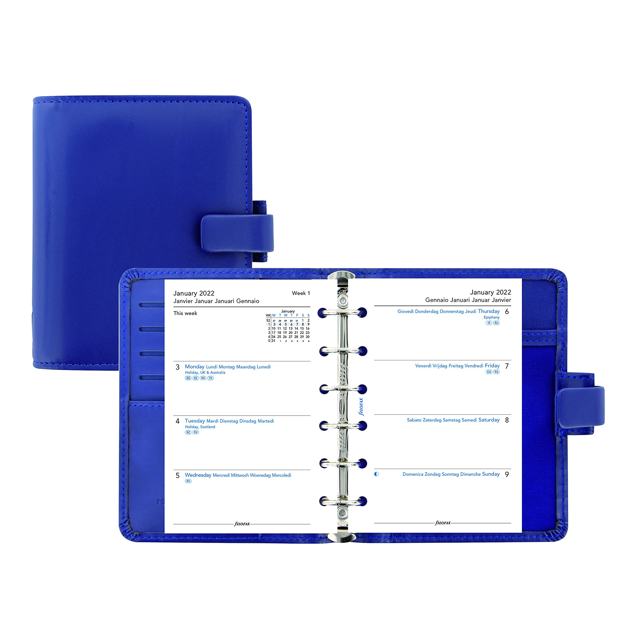 Filofax Metropol Organizer, Pocket Size, Navy - Leather-Look, Six Rings, Week-to-View Calendar Diary, Multilingual, 2022 (C026909-22)