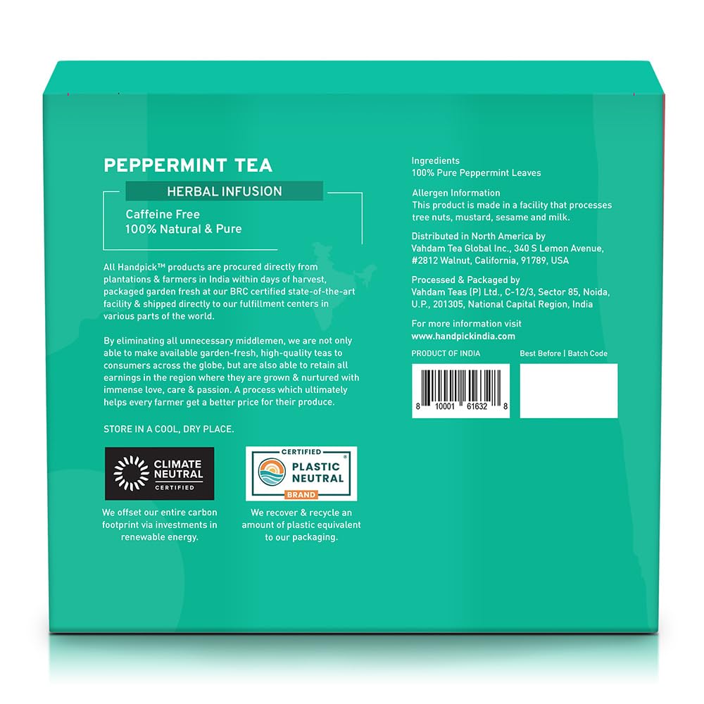 HANDPICK, Peppermint Tea Bags (100 Herbal Tea Bags) Caffeine Free, Non-GMO - Minty, Fresh & Cool flavor | Premium Round Eco Conscious Tea Bags