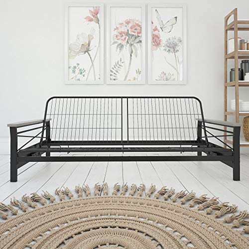 DHP Nadine Metal Futon Frame with Grey Wood Armrests, Full Size, Mattress Not Included
