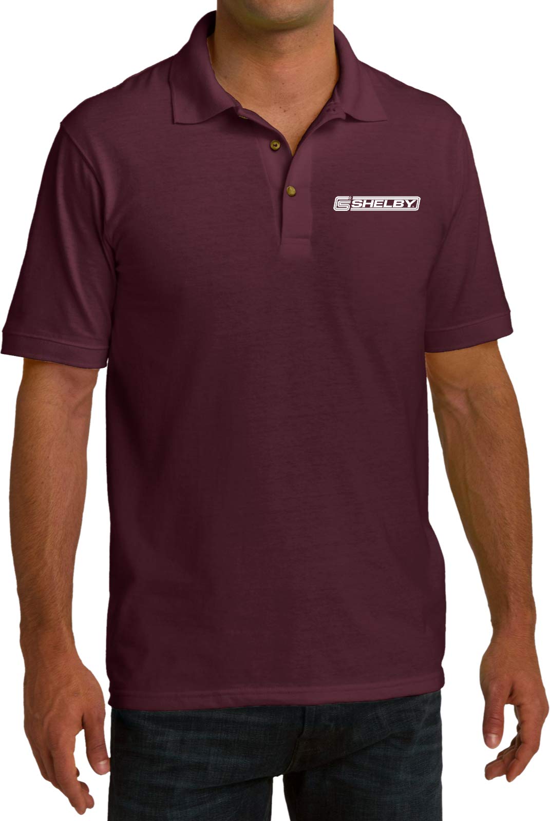 Ford Mustang Shelby Crest Pocket Print Pique Polo, Maroon XL