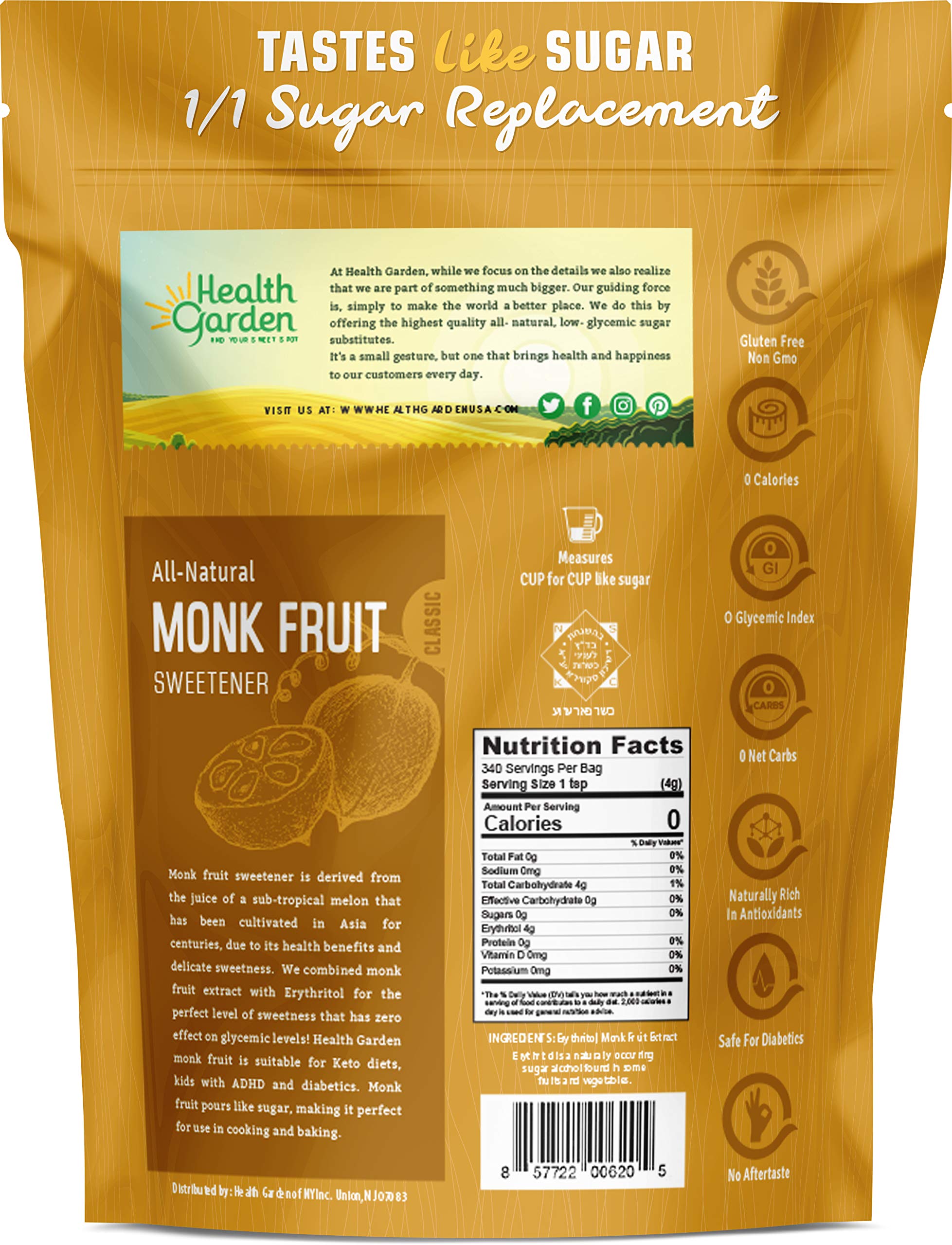 Health Garden Monk Fruit Sweetener, Classic - Non GMO - Gluten Free - Sugar Substitute - Kosher - Keto Friendly (3 lbs)