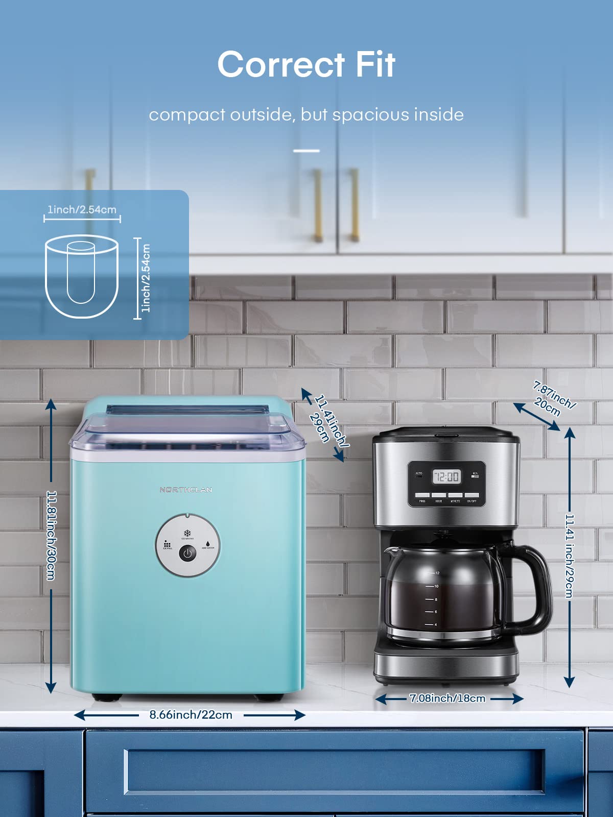 Ice Makers Countertop, 28 lbs in 24 Hours, 9 Cubes Ready in 6 Mins, NORTHCLAN Portable Ice Cube Maker Machine with Ice Scoop and Basket for Home/Kitchen/Office/Bar/Party (1, Mint, 1)