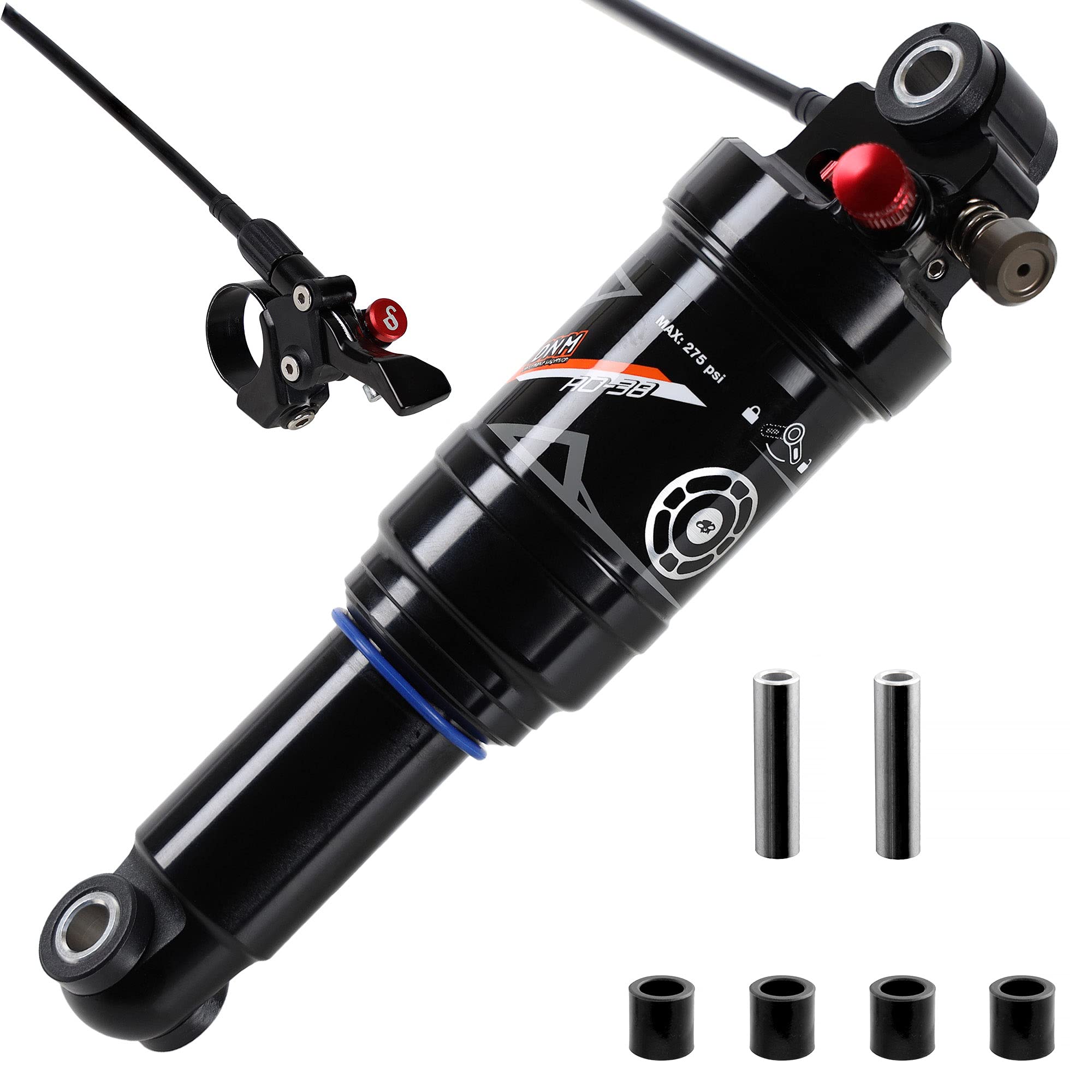 DNM Mountain Bike MTB Air Rear Shock Rebound/Remote Lock Out/Air Compression Pressure Adjustable - AL7075 Shaft & AL6061 Shock Body - Extra Bushing Hardware - Length 200mm
