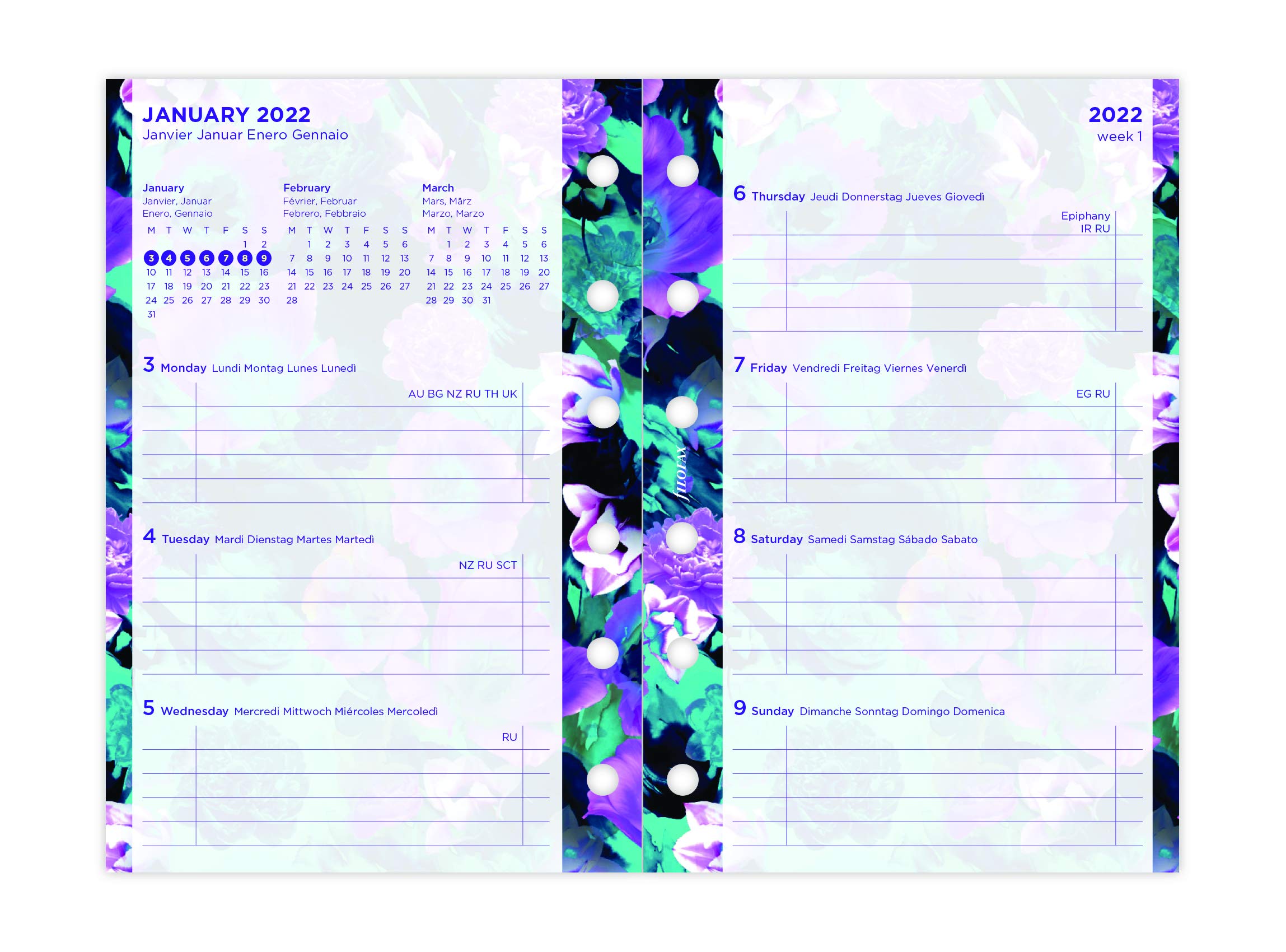 Filofax Pocket Illustrated Floral Week on 2 Pages 2022 Diary Pack, 22-6321