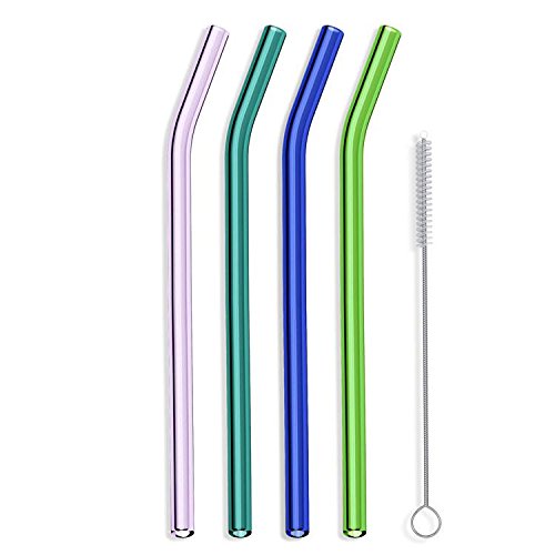 Hummingbird Glass Straws 9 inches x 9.5 mm Bermuda Tide Bent Reusable Straws (4 pack of Purple-Teal-Blue-Green)