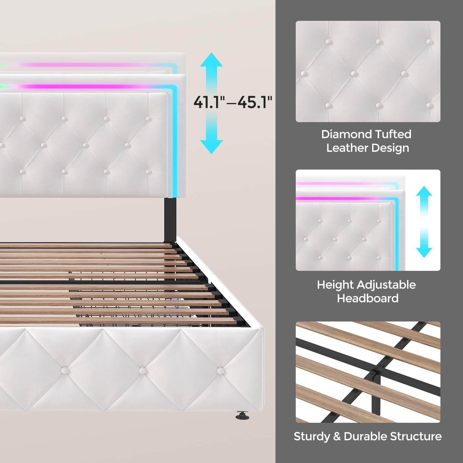 Queen Bed Frame with Adjustable LED Headboard White, Upholstered Metal Platform Bed Frame with 4 Under Bed Storage Drawers on Wheels and Charging Station, No Box Spring Needed, Easy Assembly