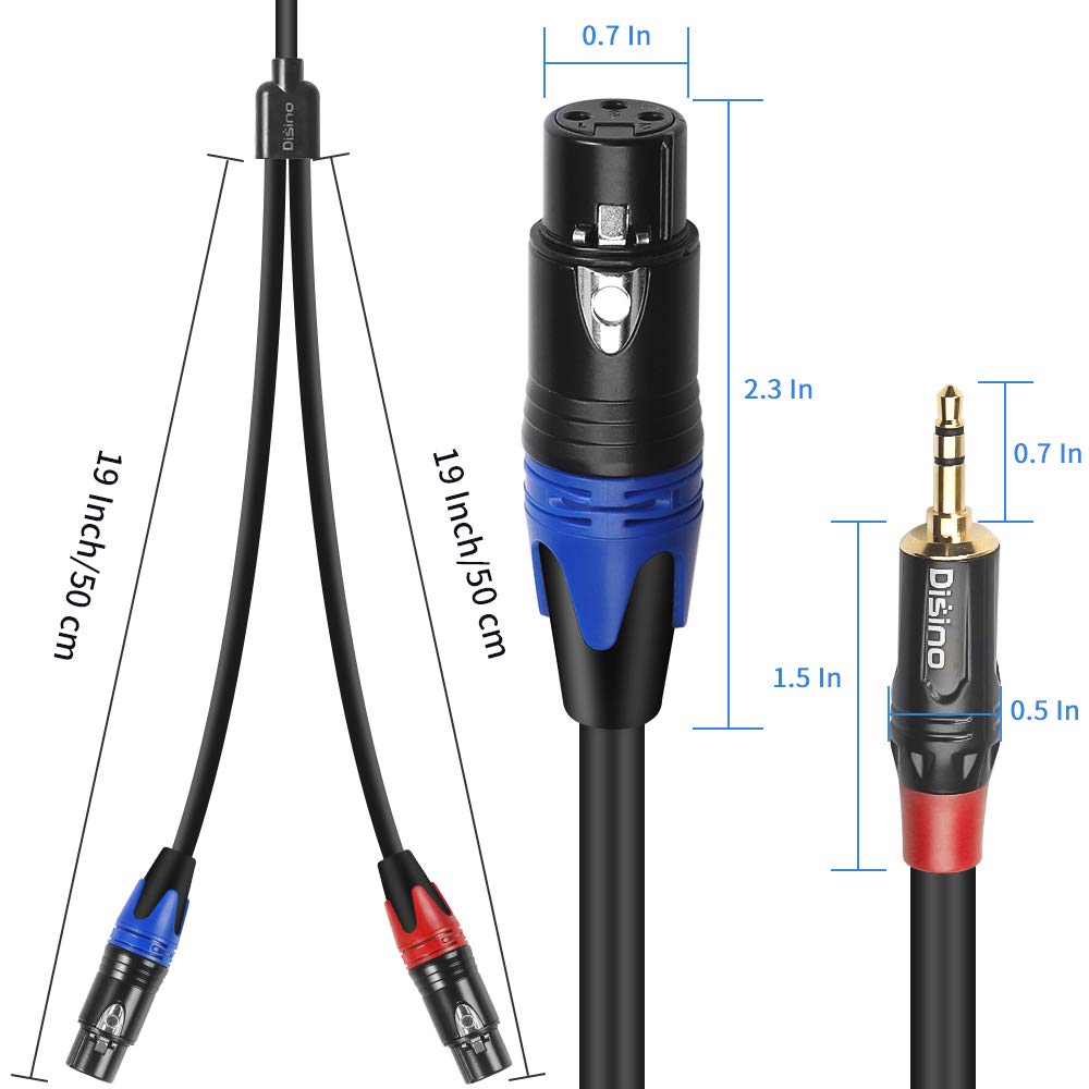 Disino Dual Female XLR to 3.5mm Y-Splitter Cable, Unbalanced XLR Female to 1/8 Inch Mini Jack TRS Stereo Aux Interconnect Audio Mic Breakout Patch Cord - 3.3 Feet/1 Meter