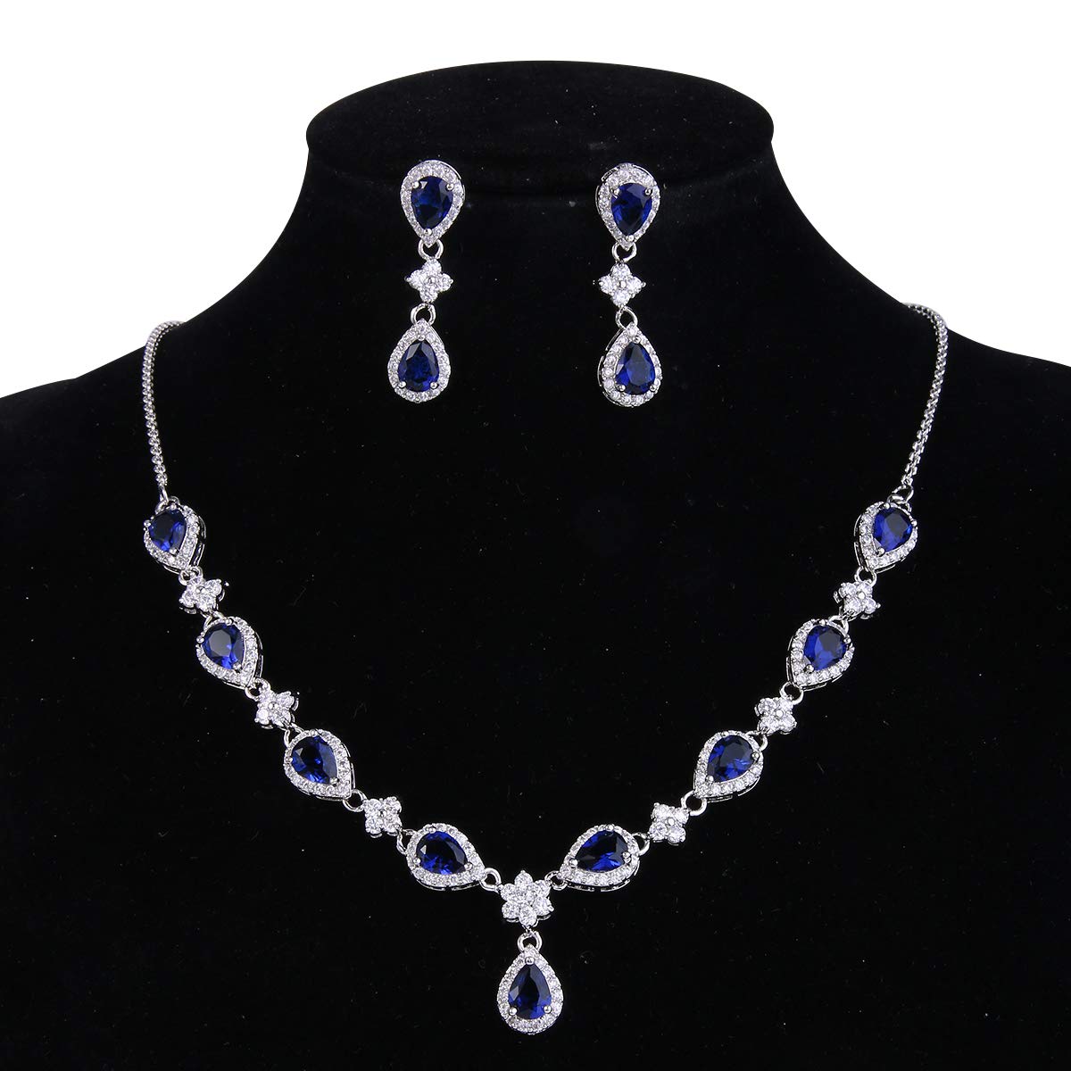 EleQueen Women's Silver-Tone Cubic Zirconia Teardrop Flower Bridal V-Necklace Sets Tennis Bracelet Dangle Earrings Sapphire Color