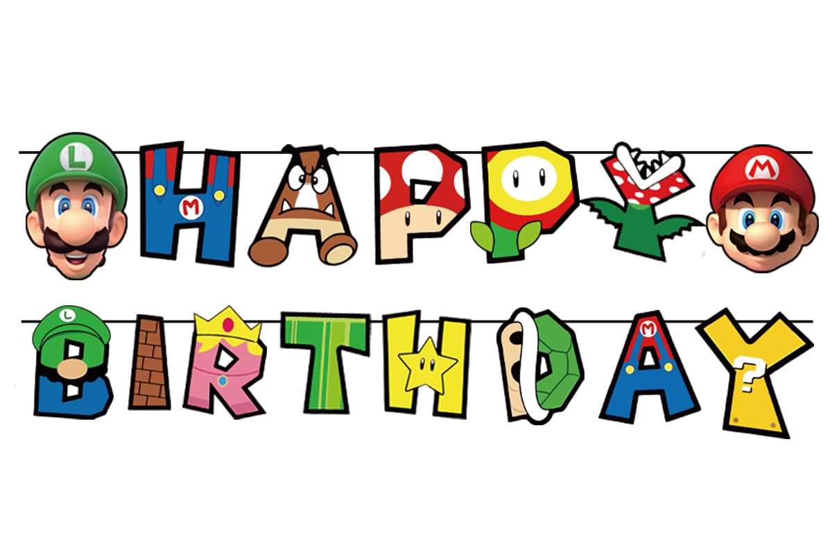 Mario Birthday Banner for Gaming Fans - Colorful Game Characters, Perfect Party Decorations for Adventure-Loving Kids - Order Now!
