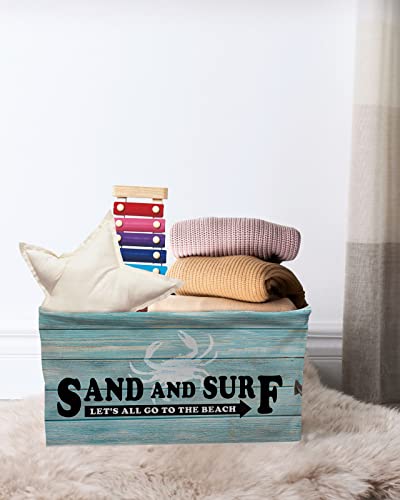 Summer Beach Crab Storage Basket Waterproof Cube Storage Bin Organizer with Handles, Anchor Nautical Sand and Surf Teal Wooden Collapsible Storage Cubes Bins for Clothes Books Toys 15"x11"x9.5"
