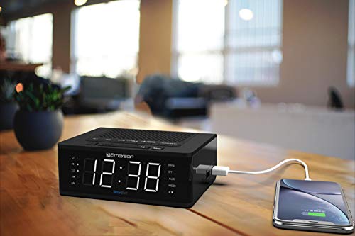 Emerson SmartSet Alarm Clock Radio with Bluetooth Speaker, Charging Station with 2 USB Ports for Iphone/Ipad/Ipod/Android and Tablets, ER100102