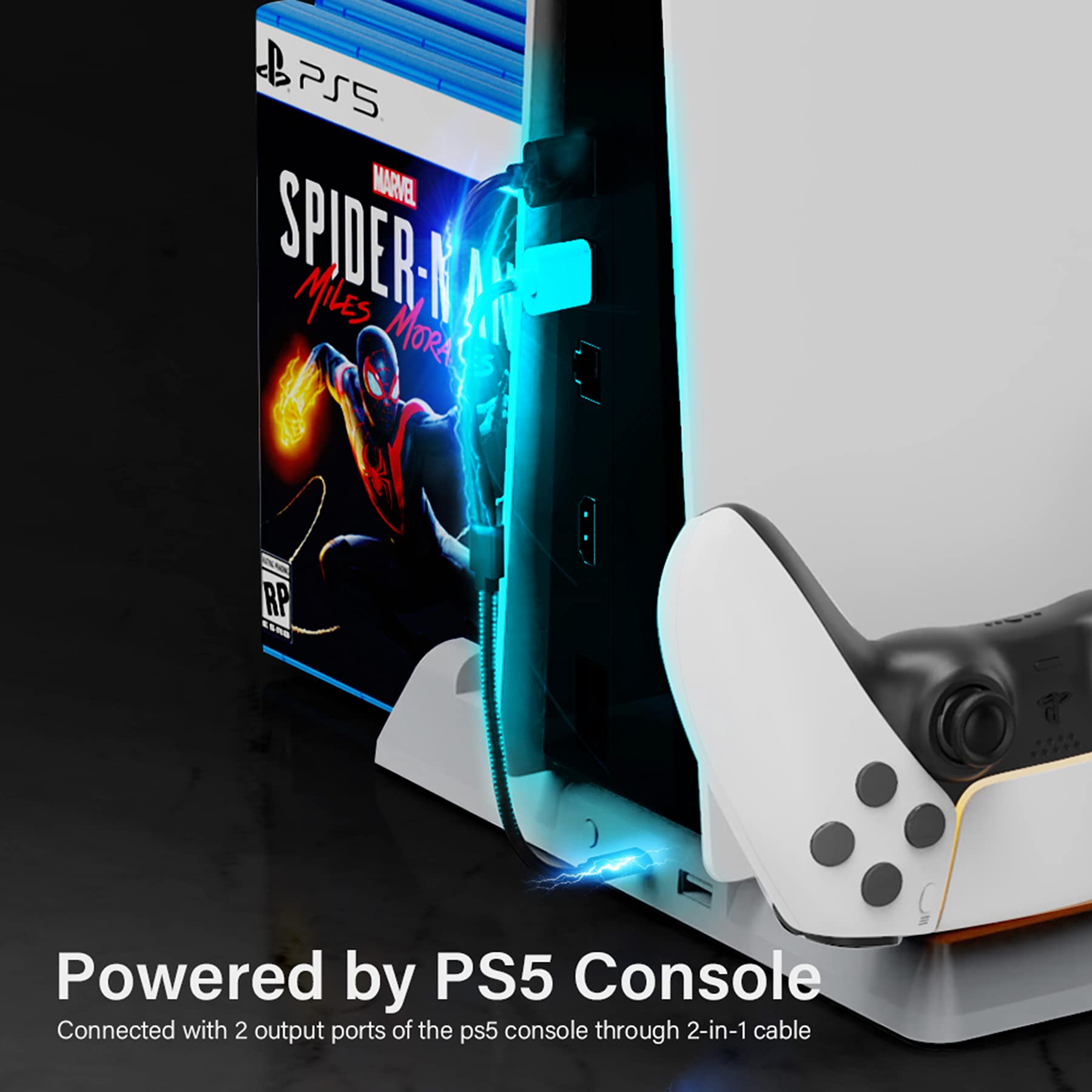 DOBE-TP5-0593 PS5 Stand with Suction Cooling Fan and Dual Controller Charger Station for Playstation 5 PS5 cooling fan stand + CD storage rack + handle dual charging for PS5 DE/UHD (white)