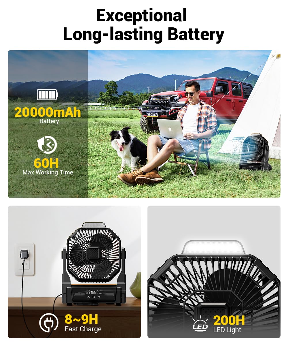 KopBeau Portable Camping Fan with Lights, 20000mAh Rechargeable Battery Operated Fan, Battery Powered Outdoor Beach Tent Fan with 3 Speeds & Hook, Personal USB Table Fan for Camping Accessories Black