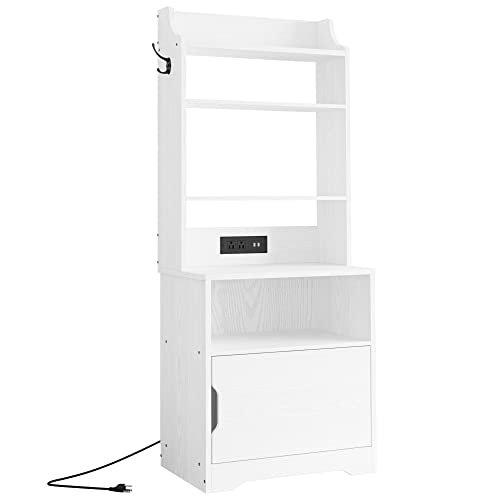 LIKIMIO Night Stand 55" Tall, End Side Table with with Charging Station and Storage Cabinet, Small Bookshelf, for Living Room Office Bedroom, Industrial White